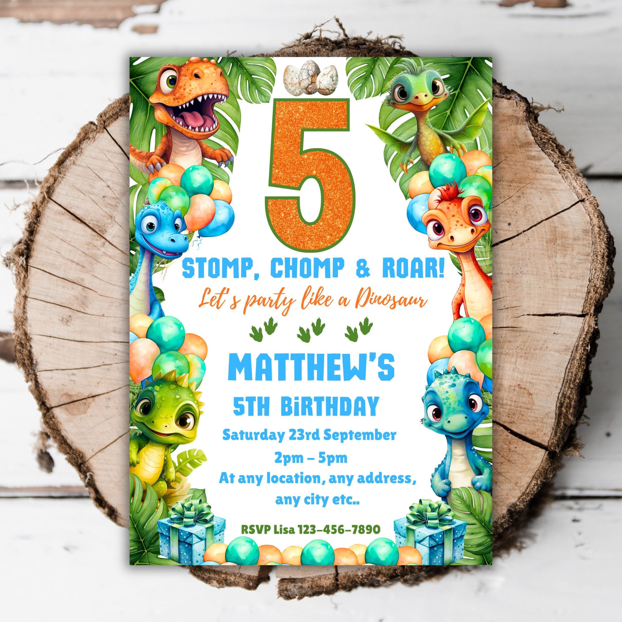 Printable Dinosaur Boys 5th Birthday Invitation Dino Editable Jurassic ...
