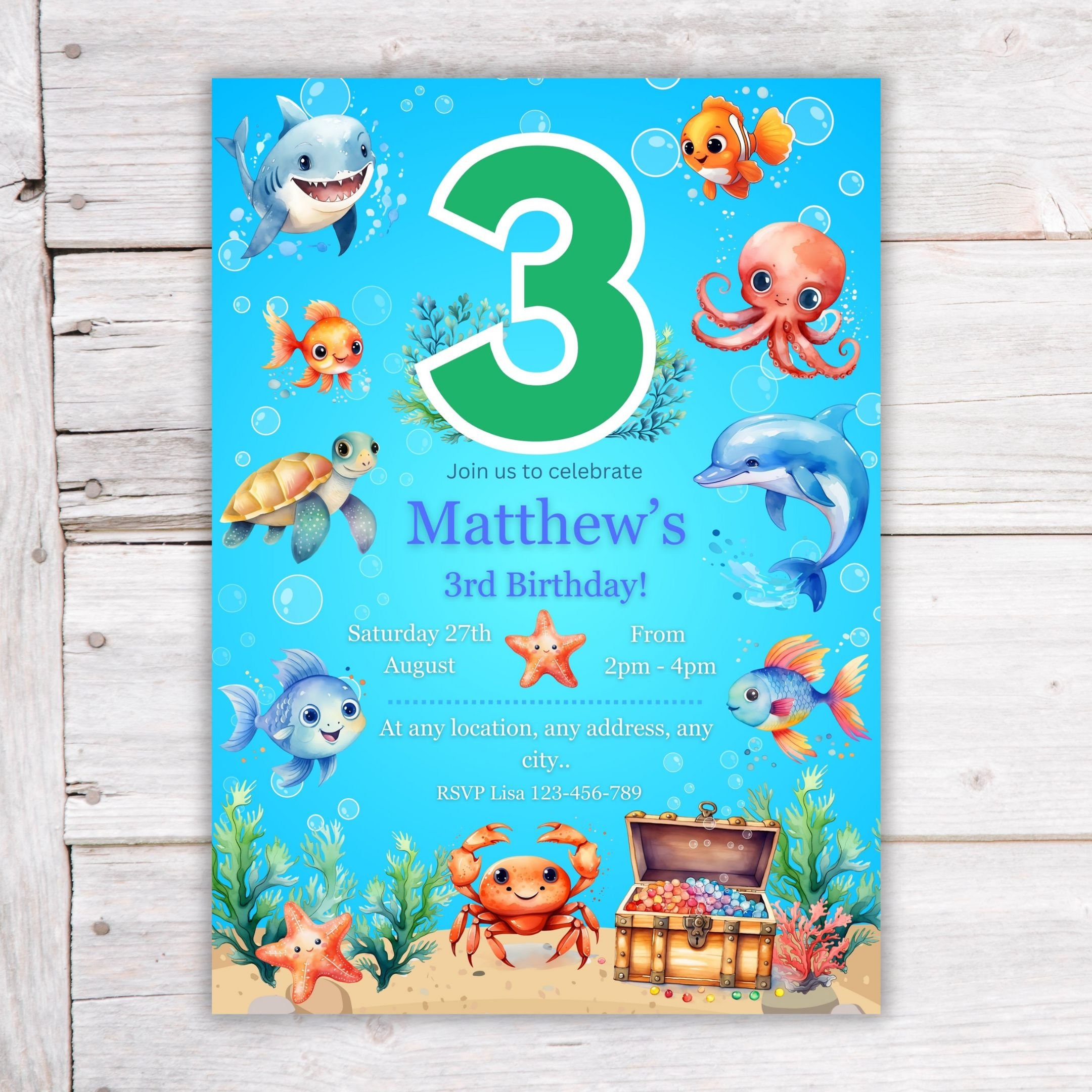Printable 3rd Under the Sea Birthday Party Invitation Ocean Animals ...