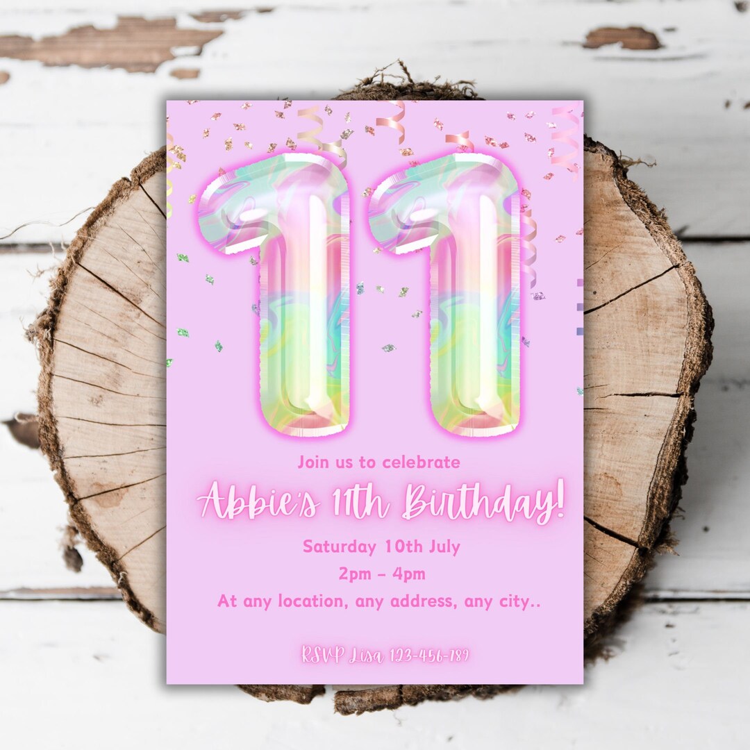 Editable Pink Girls 11th Birthday Invitation Glitter Template Foil ...