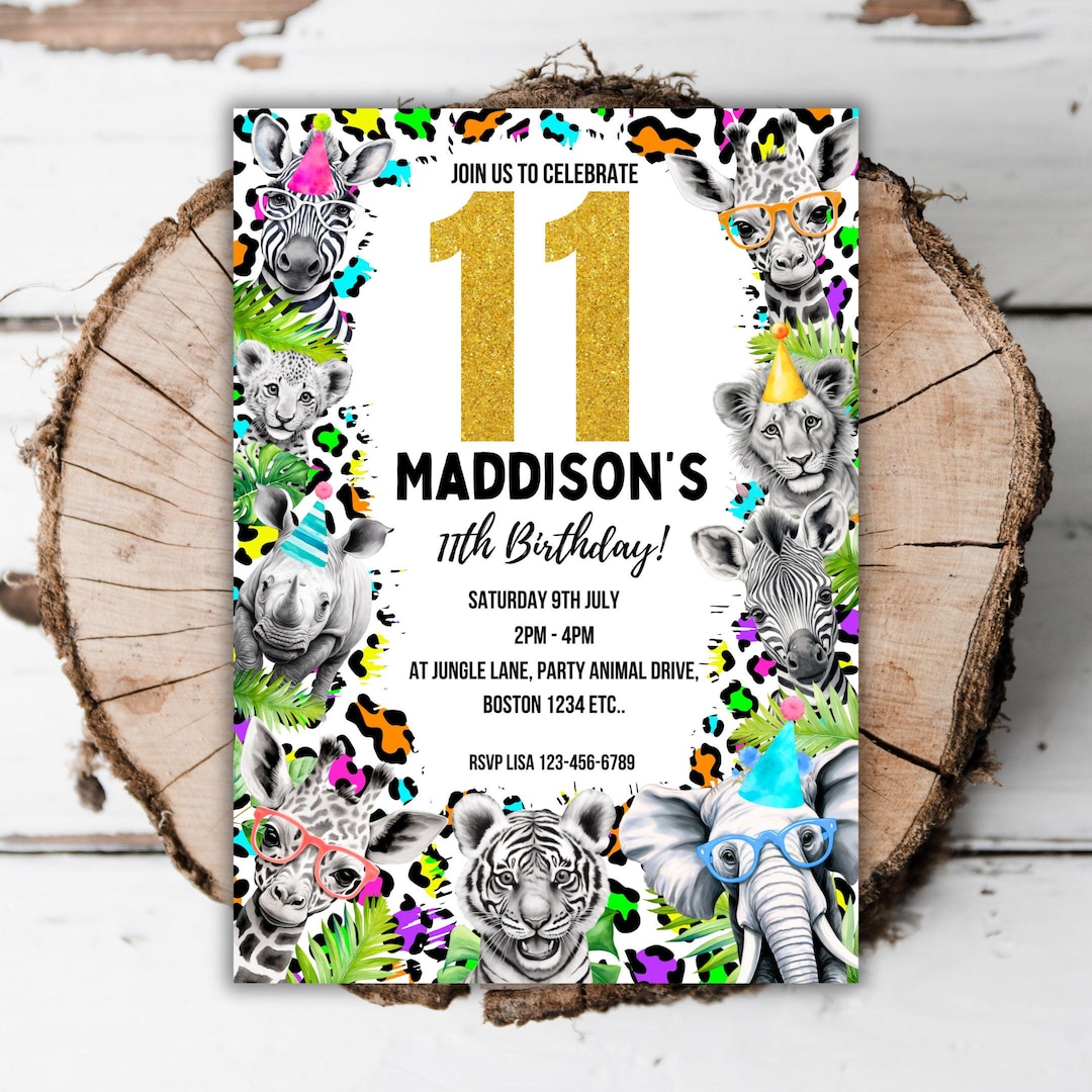 Printable Party Animals 11th Birthday Invitation Rainbow Leopard Print ...