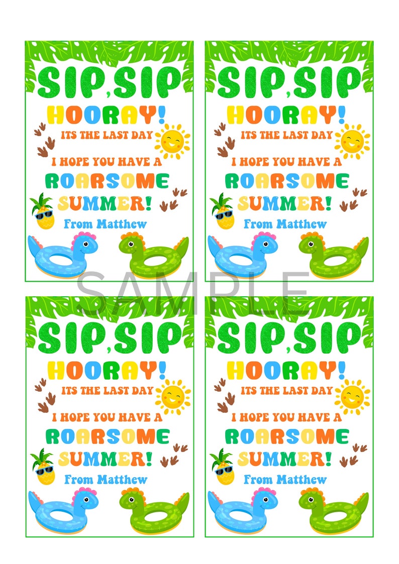 Printable Sip Sip Hooray Dinosaur Straw Tag Editable Silly Straw Gift ...