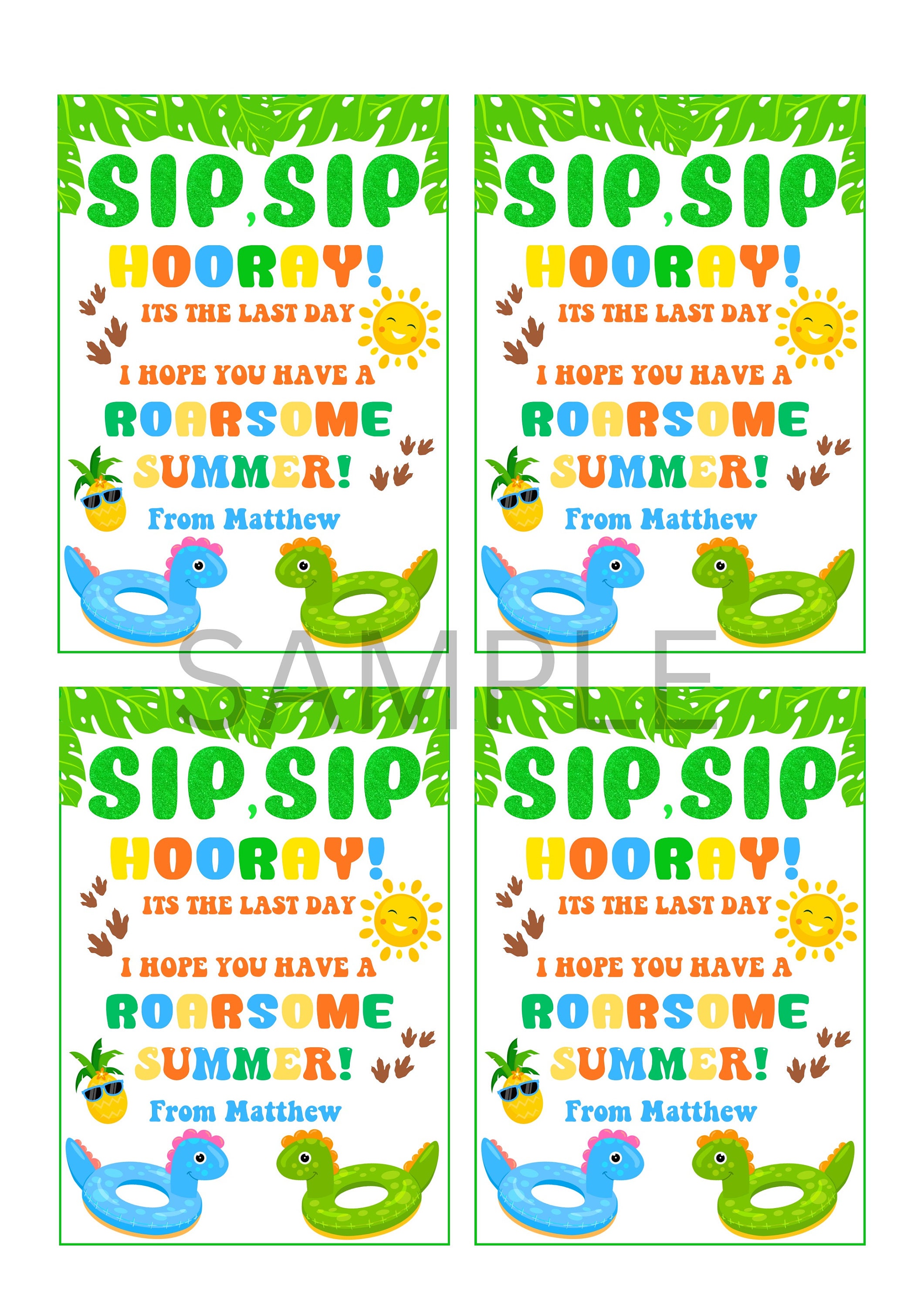Printable Sip Sip Hooray Dinosaur Straw Tag Editable Silly Straw Gift ...