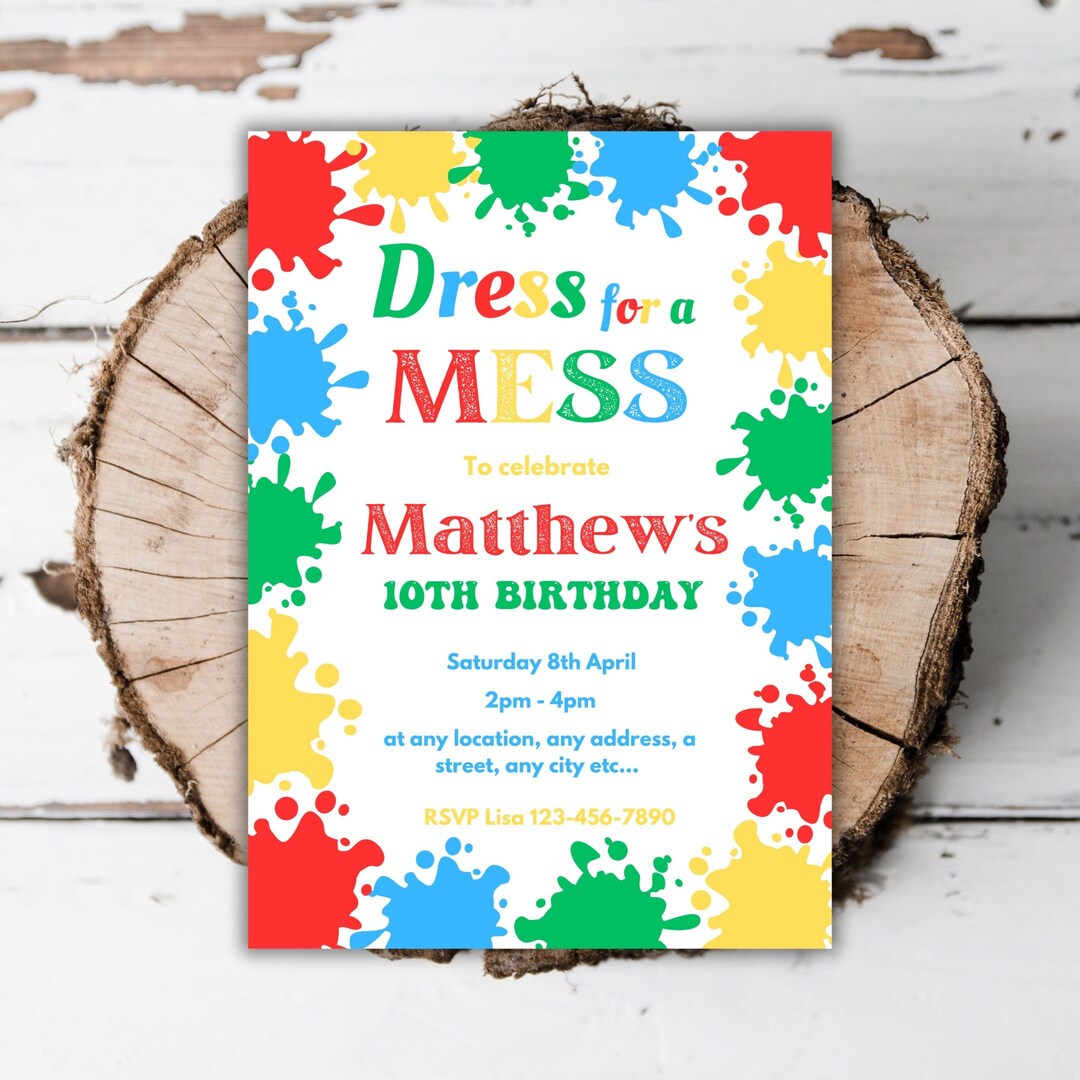 Printable Colourful Dress for a Mess Art Party Birthday Invitation ...