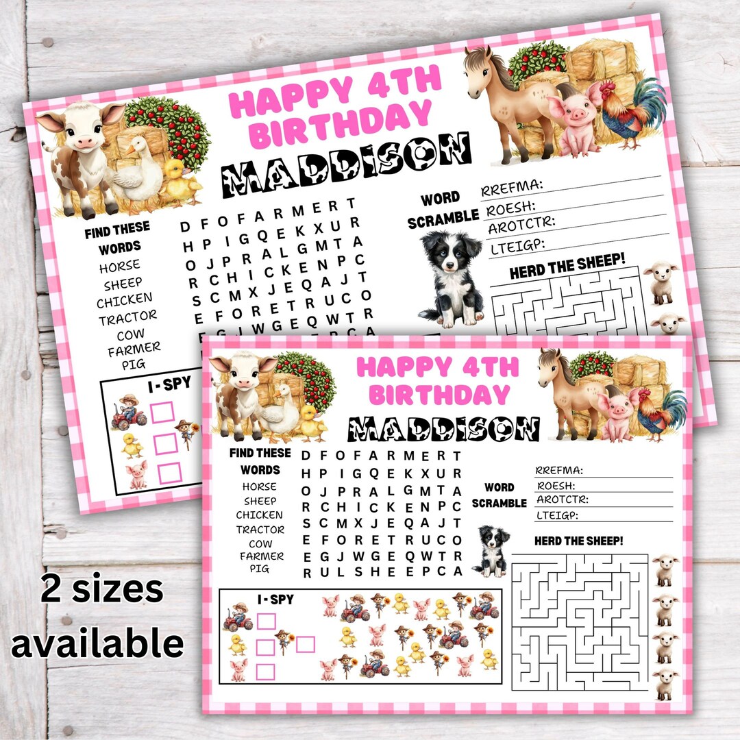Printable Pink Farm Party Placemat Activity Sheet Farm Animals Editable ...