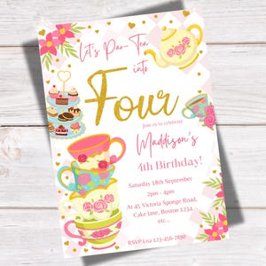 Printable Tea Party 4th Birthday Party Invitation High Tea Editable ...