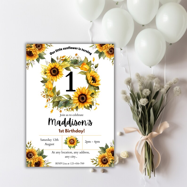 Printable Sunflower 1st Birthday Invitation Editable Rustic Flower Girl ...
