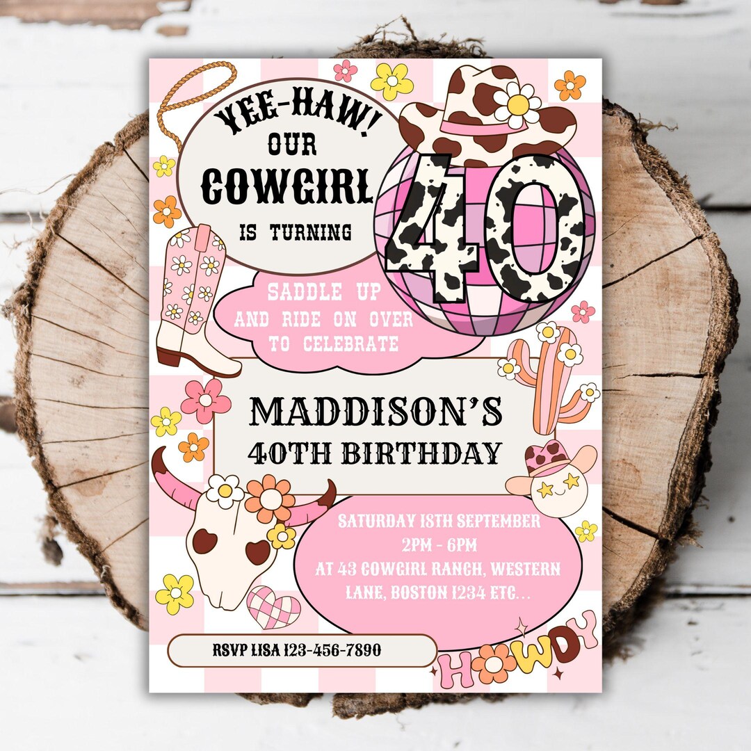 Printable Cowgirl 40th Birthday Invitation Women’s Wild West Rodeo ...
