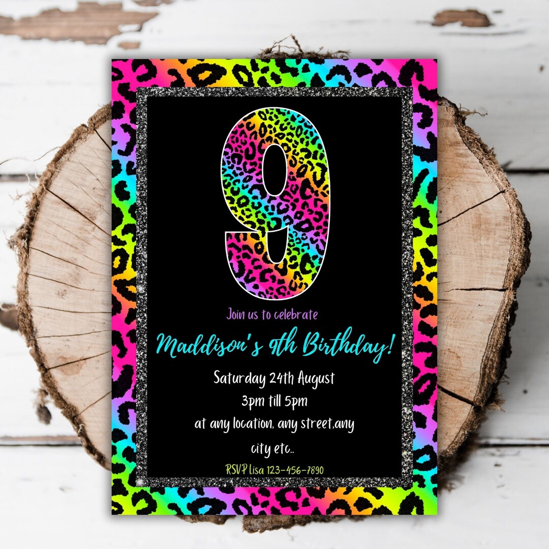 Printable Rainbow 9th Leopard Animal Print Girls Birthday Invitation ...