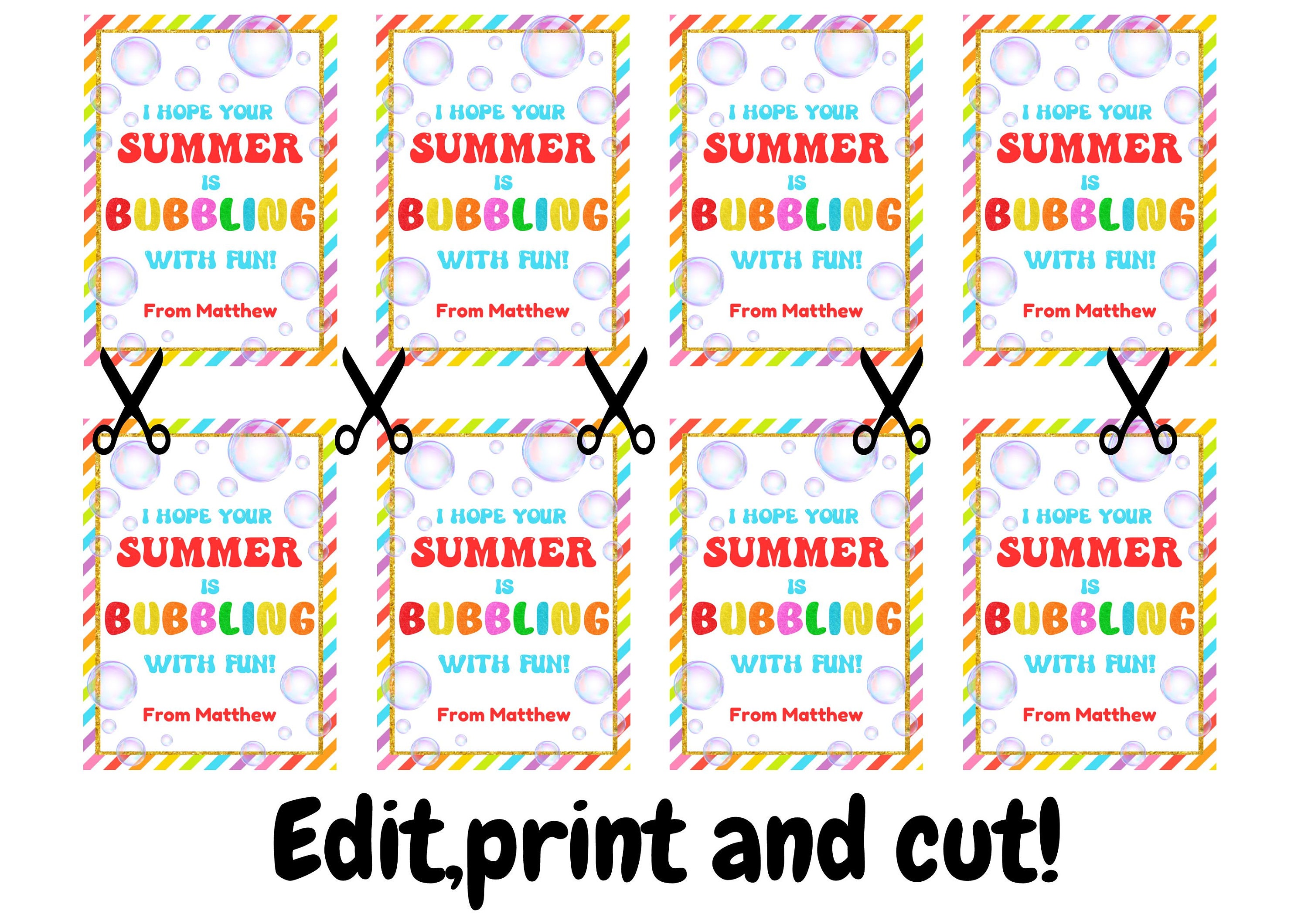 Printable End of School Year Tag Editable Colourful Glittery Bubbles ...