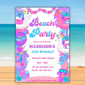 Printable Unicorn Beach Party Invitation Pool Party Invite Girls ...