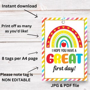 Printable Back to School Gift Tag Rainbow Great First Day Sweet Tag NON ...