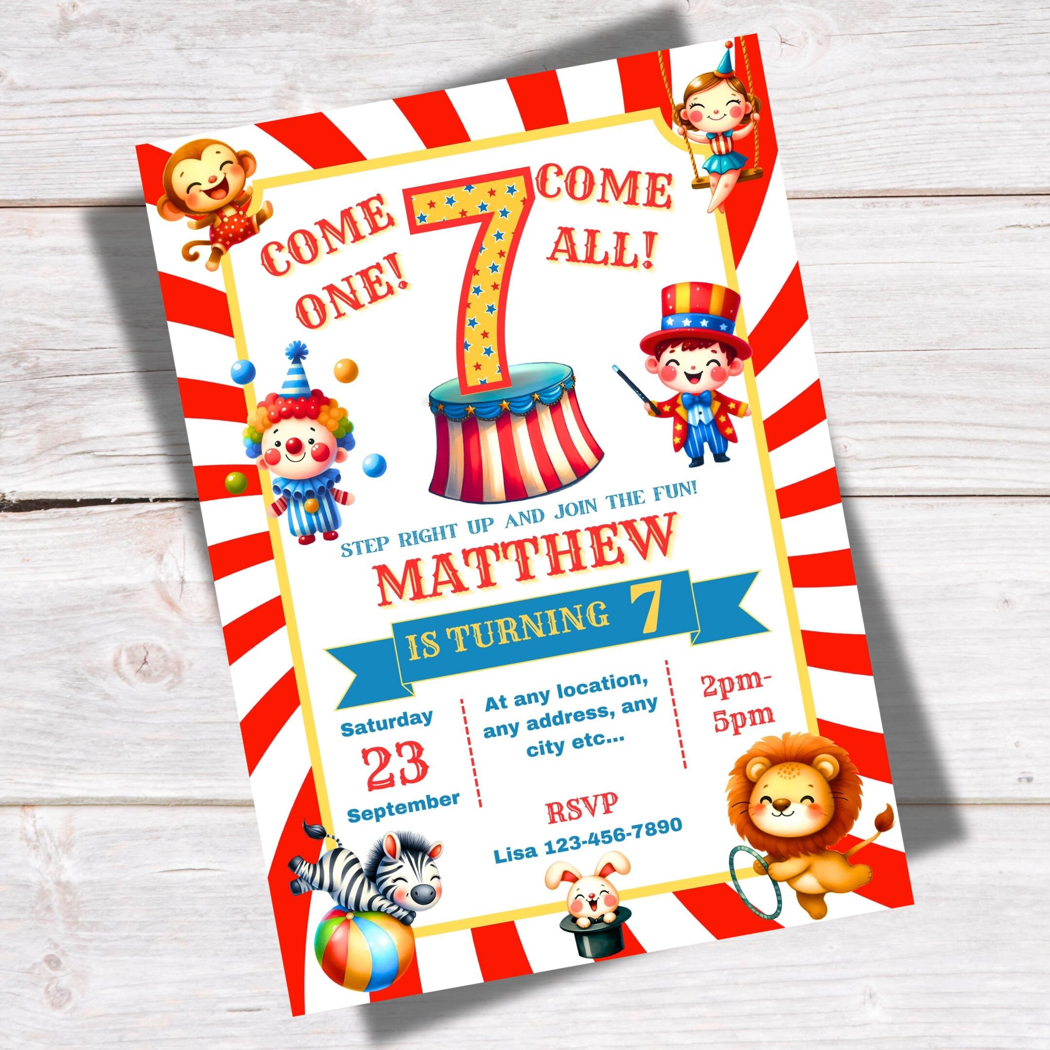 Printable Circus 7th Birthday Invitation Carnival Editable Greatest ...