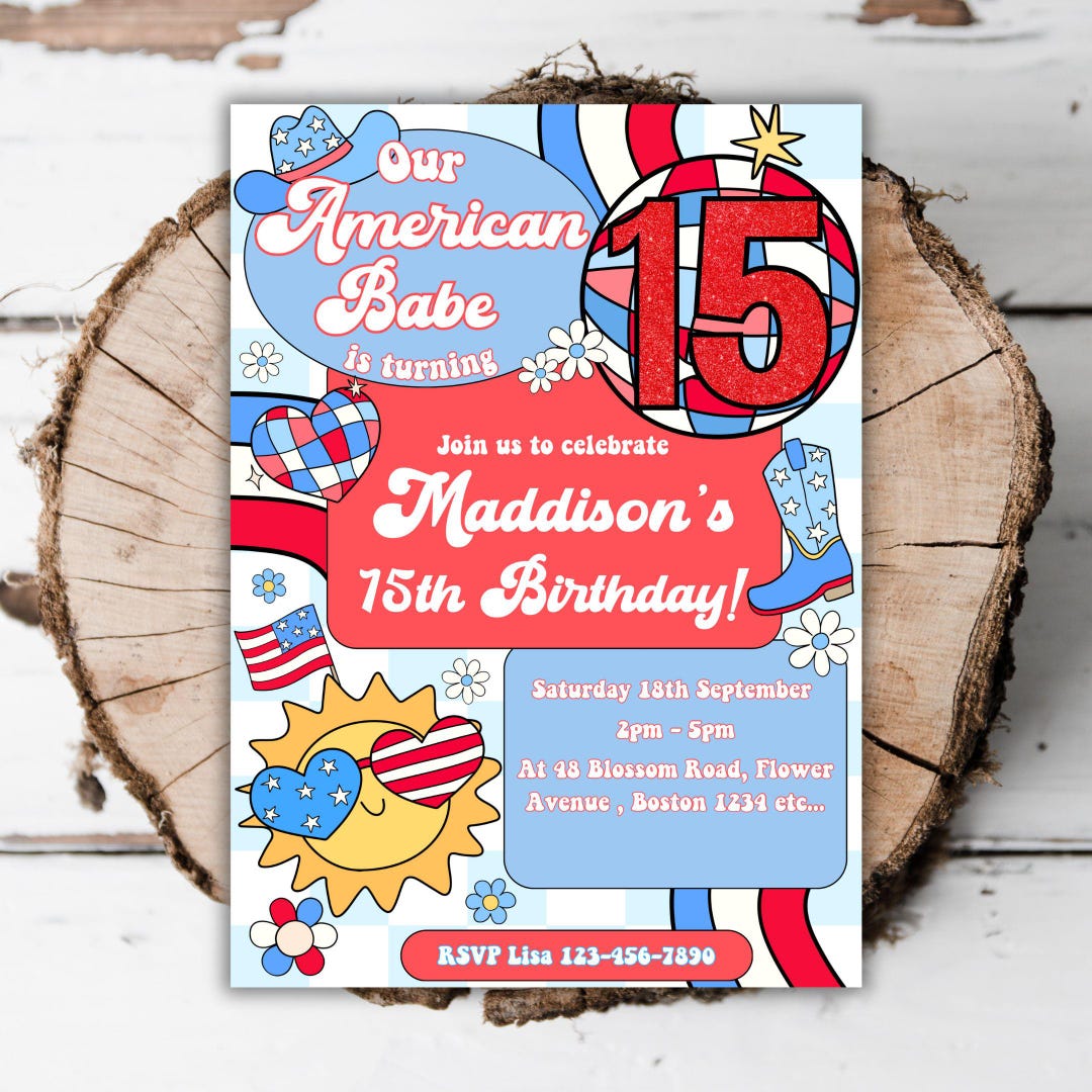 Printable American Babe 15th Birthday Invitation Girls 4th July ...