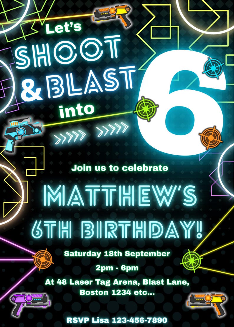 Printable Laser Tag 6th Birthday Invitation Neon Arcade Editable Boys ...