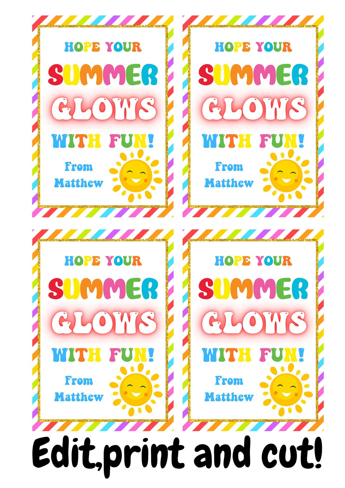 Printable Glow Stick End of School Year Tag Editable Flashlight Gift ...