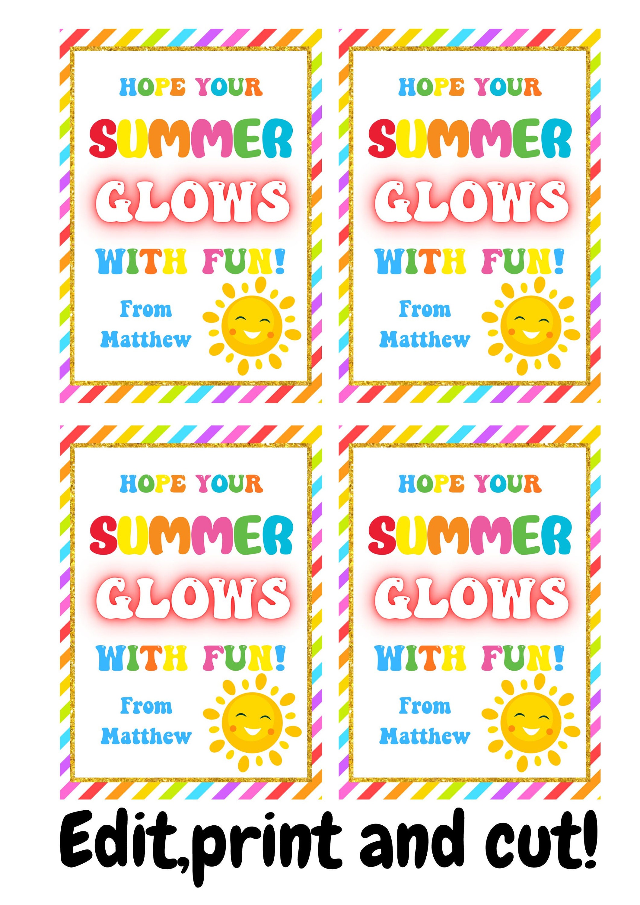 Printable Glow Stick End of School Year Tag Editable Flashlight Gift ...