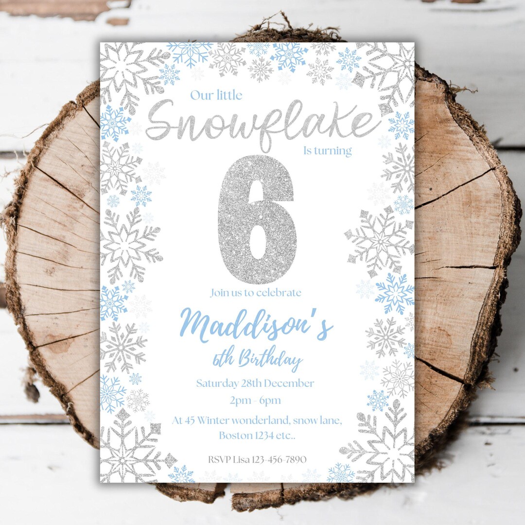 Printable Snowflake 6th Birthday Invitation Winter Wonderland Glitter ...