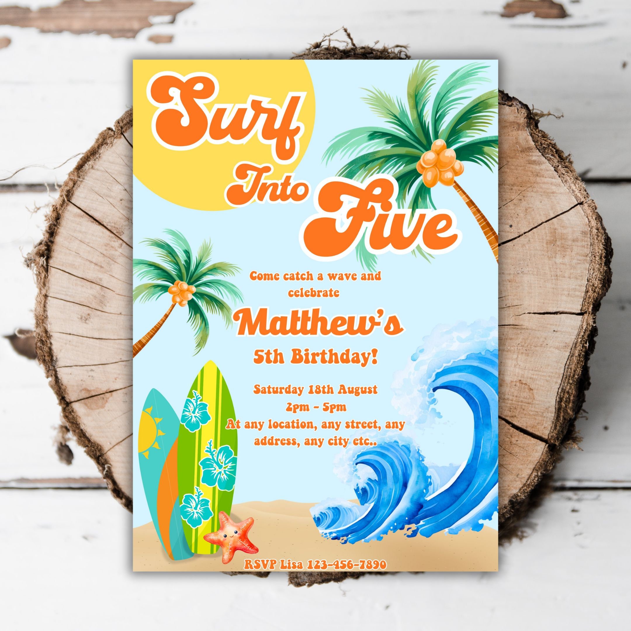 Printable Retro Surf Into Five Boys Invitation Surfing Editable Boys ...