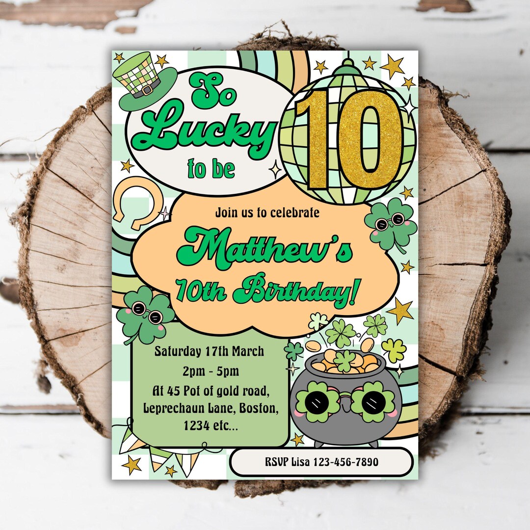 Printable St Patricks 10th Birthday Party Invitation Groovy Retro ...