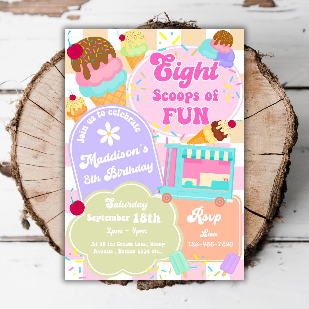 Printable Ice Cream 8th Birthday Invitation Girls Ice Pop Editable ...