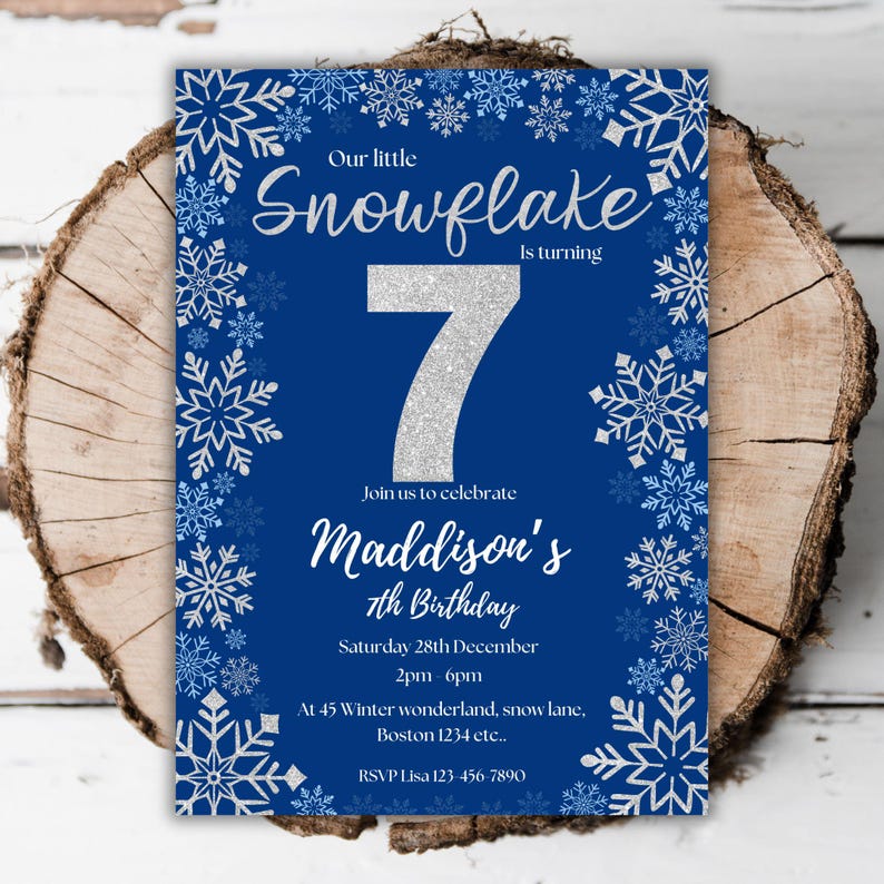 Printable Snowflake 7th Birthday Invitation Winter Wonderland Glitter ...