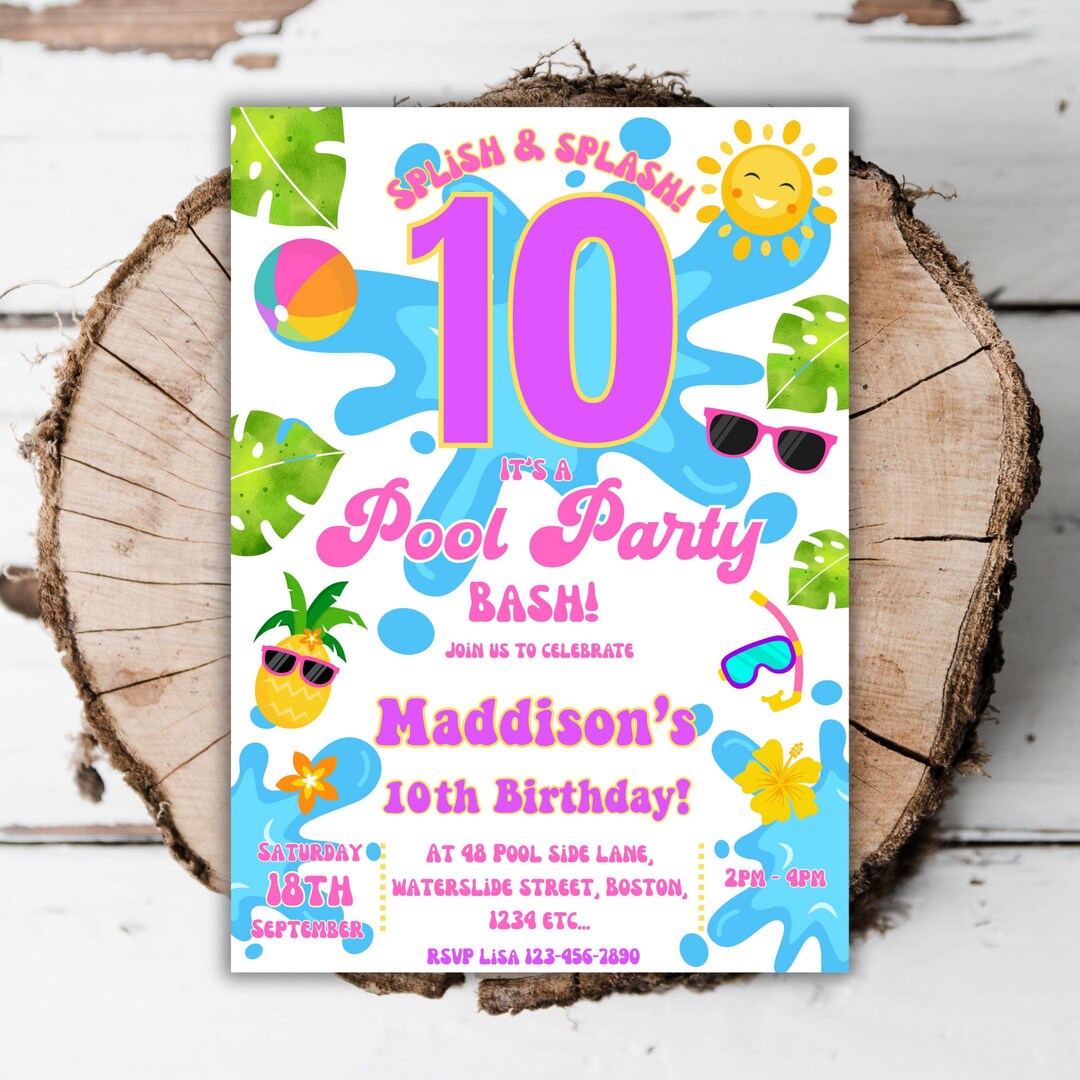 Printable Pool Party 10th Birthday Invitation Waterpark Editable Girls ...