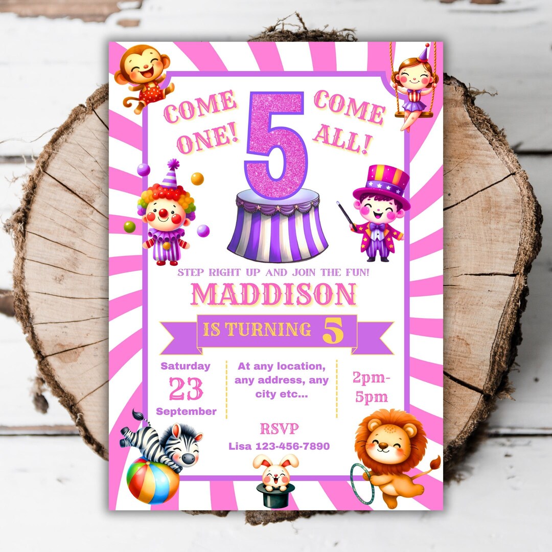 Printable Circus 5th Birthday Invitation Carnival Editable Greatest ...