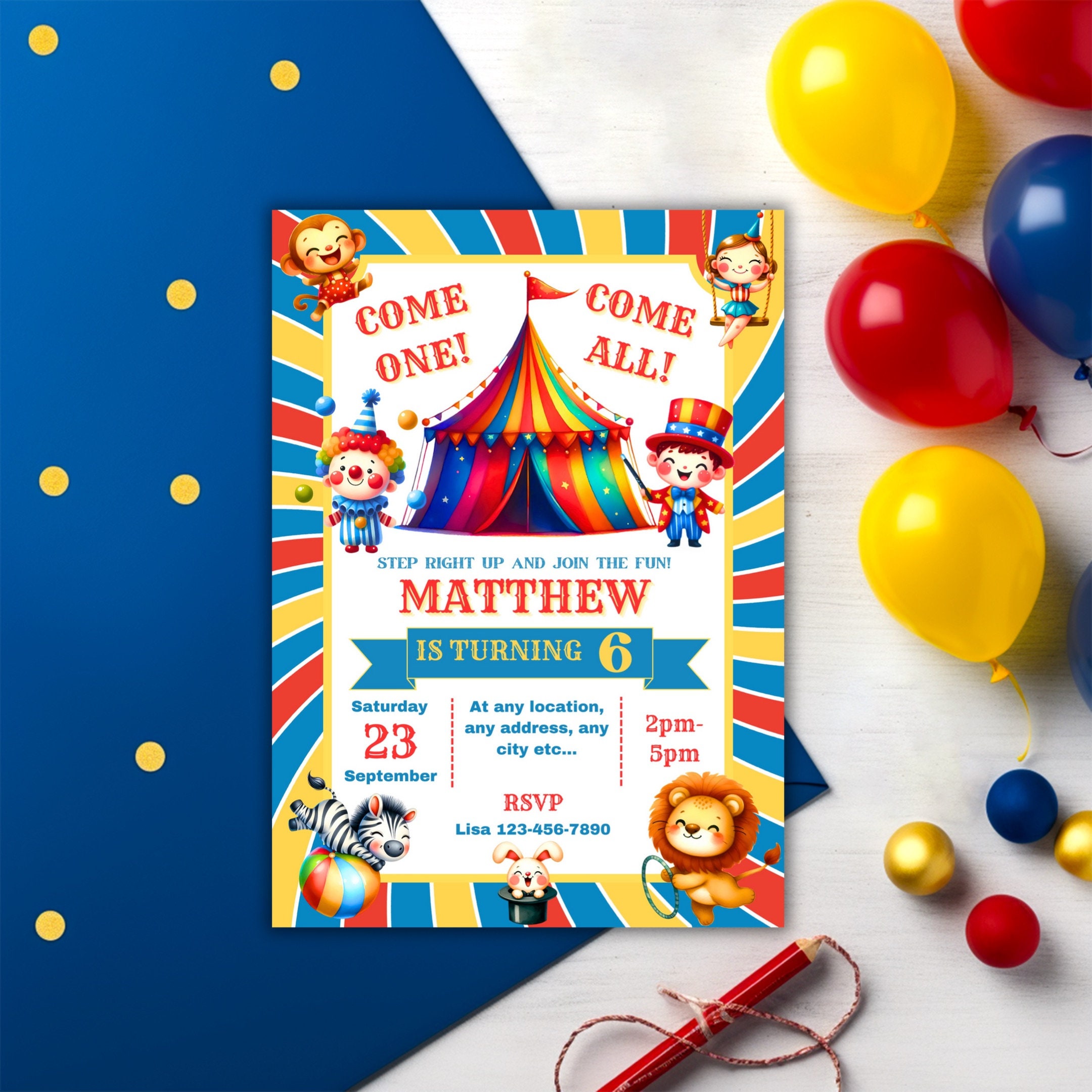 Printable Circus Birthday Invitation Boys Colourful Carnival Ticket ...