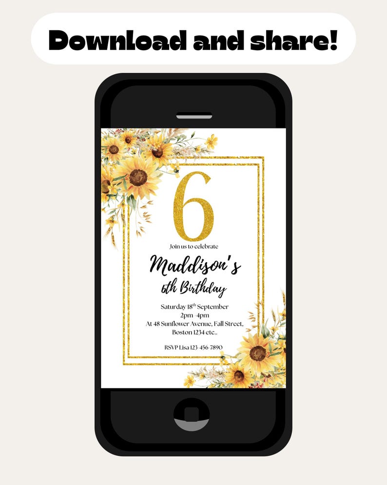 Printable Sunflower 6th Birthday Invitation Editable Rustic Flower ...