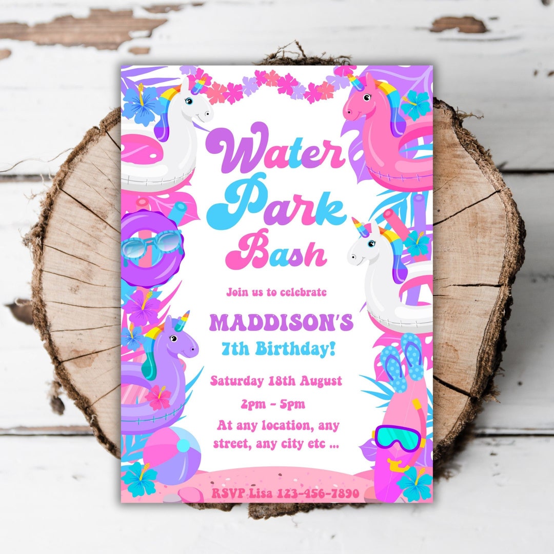 Printable Unicorn Water Park Pool Party Bash Girls Birthday Invitation ...