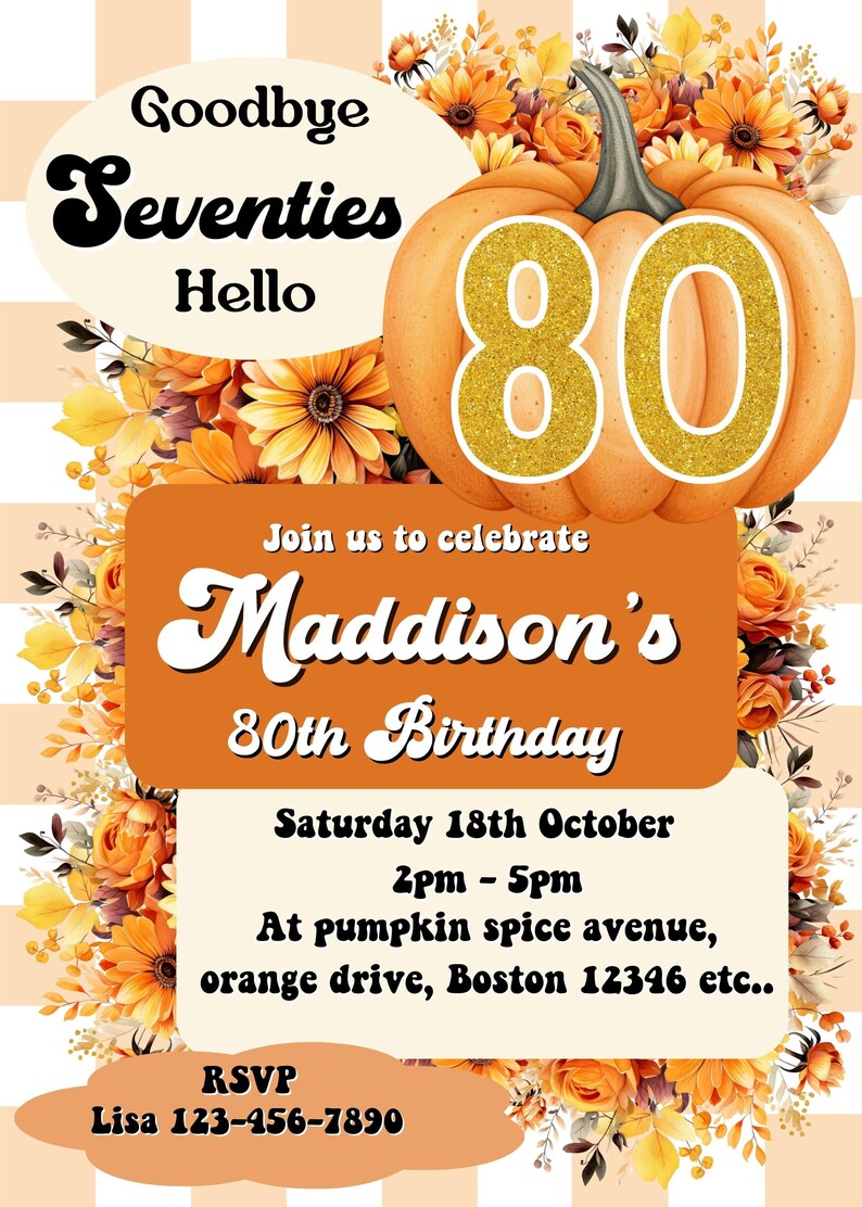 Printable Pumpkin 80th Birthday Invitation Woman's Retro Fall Turning ...