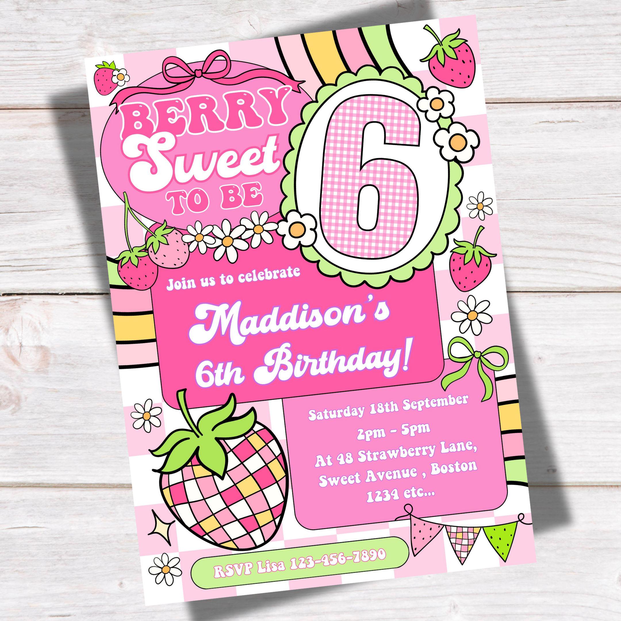 Printable Strawberry 6th Birthday Invitation Berry Sixth Editable Girls ...