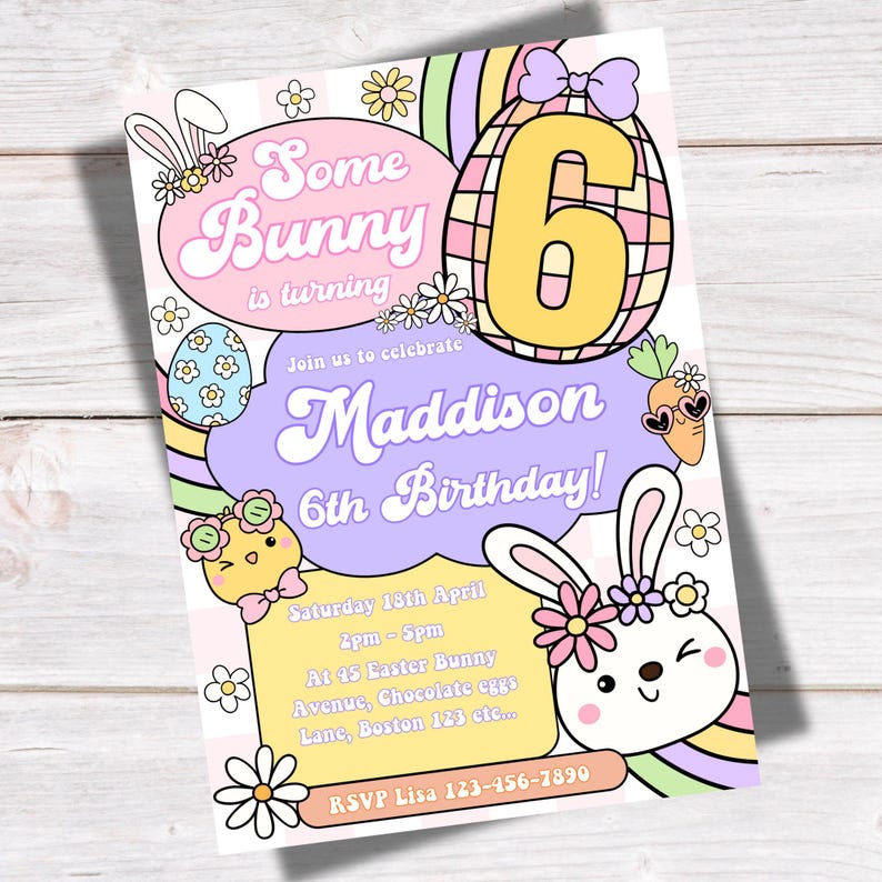 Printable Easter 6th Birthday Party Invitation Groovy Bunny Editable ...