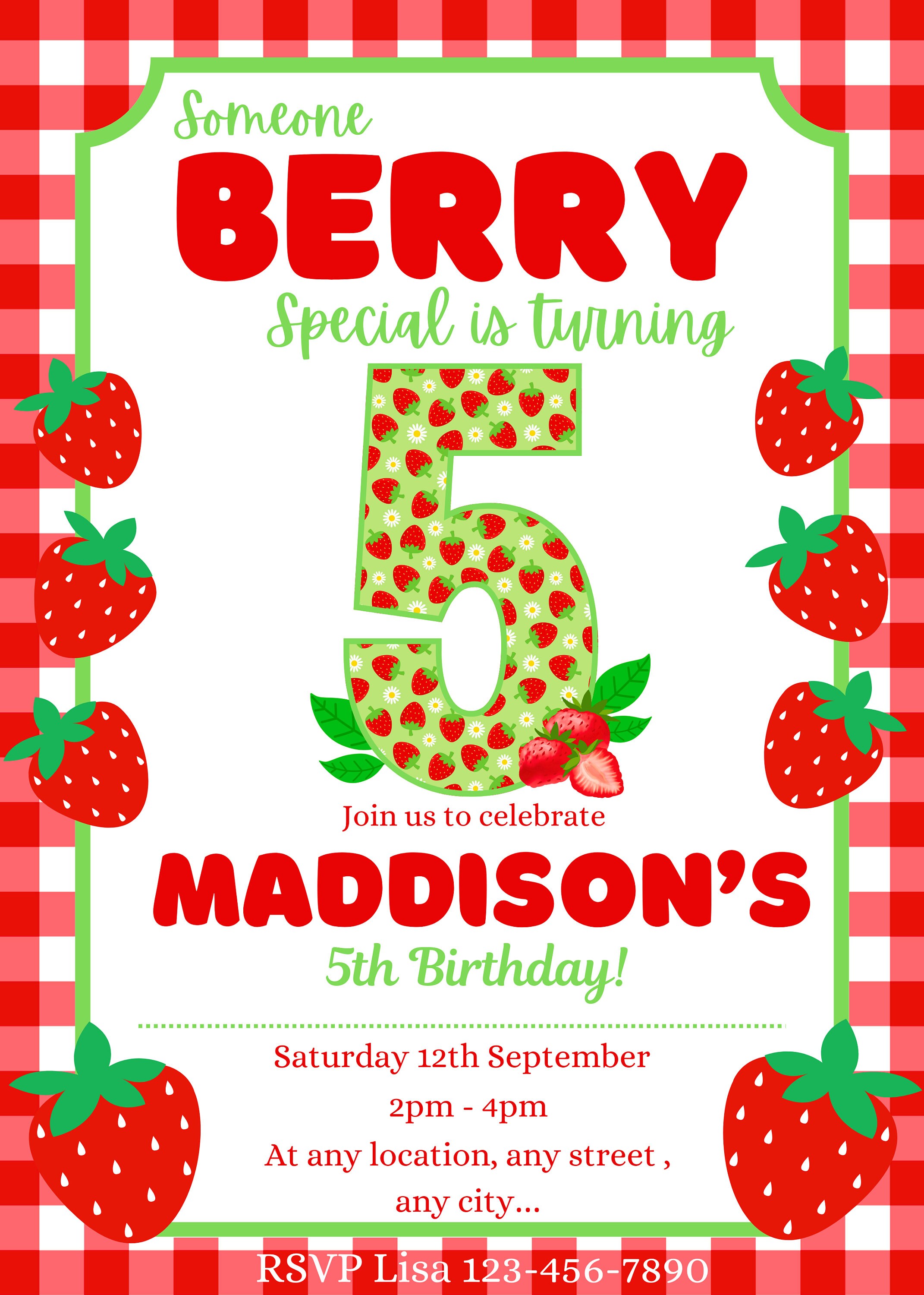 Printable Strawberry 5th Birthday Invitation Editable Berry Fifth Girl ...