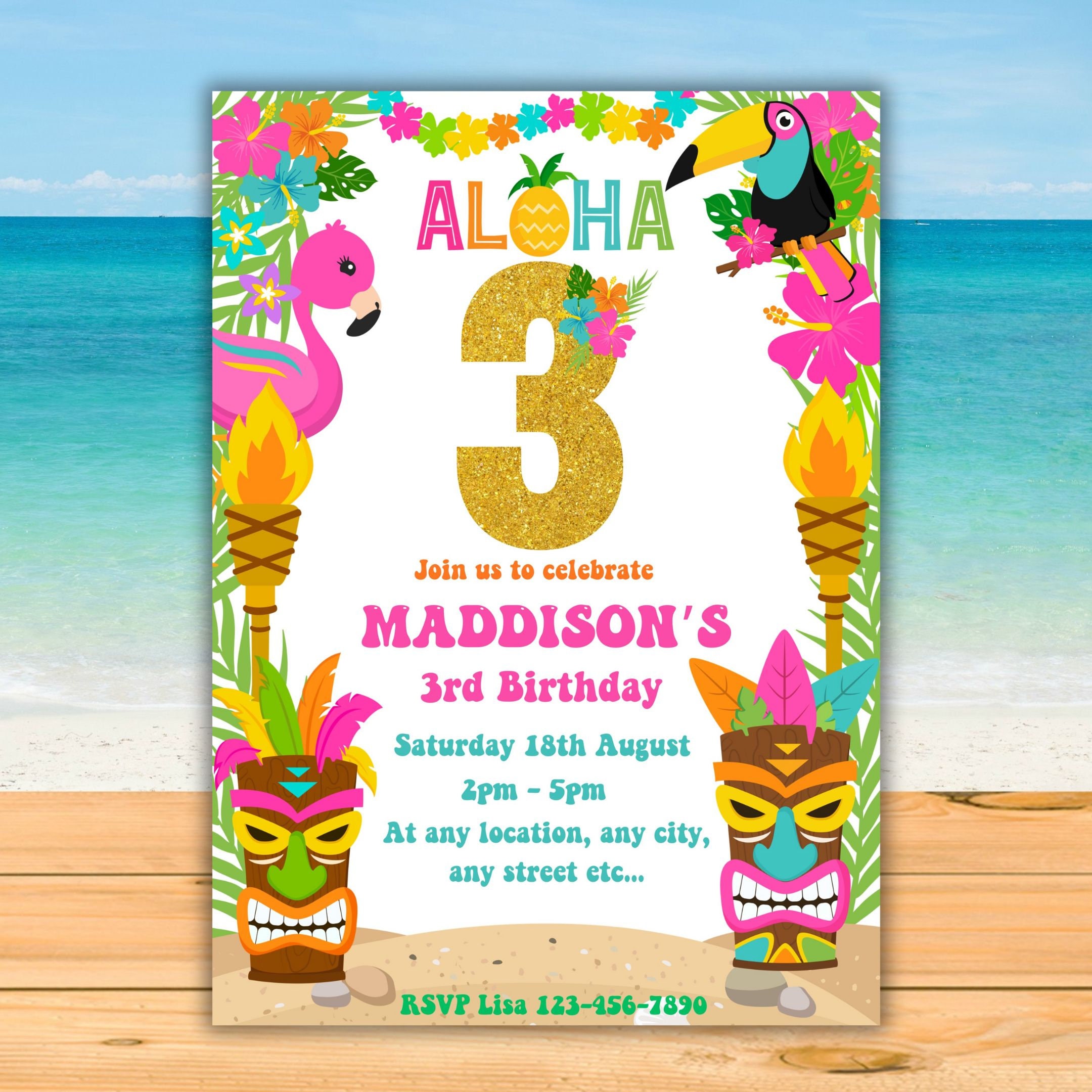 Printable Hawaiian Luau Girls 3rd Birthday Invitation Tropical Pool ...
