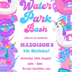 Printable Unicorn Water Park Pool Party Bash Girls Birthday Invitation ...