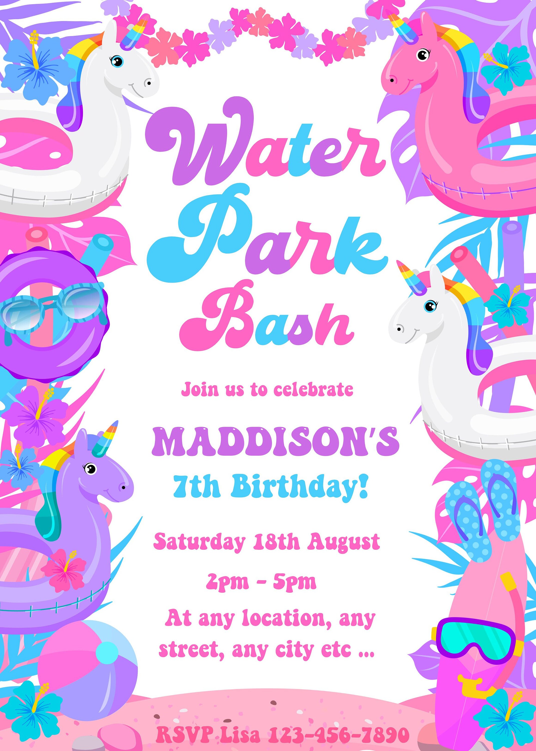Printable Unicorn Water Park Pool Party Bash Girls Birthday Invitation ...
