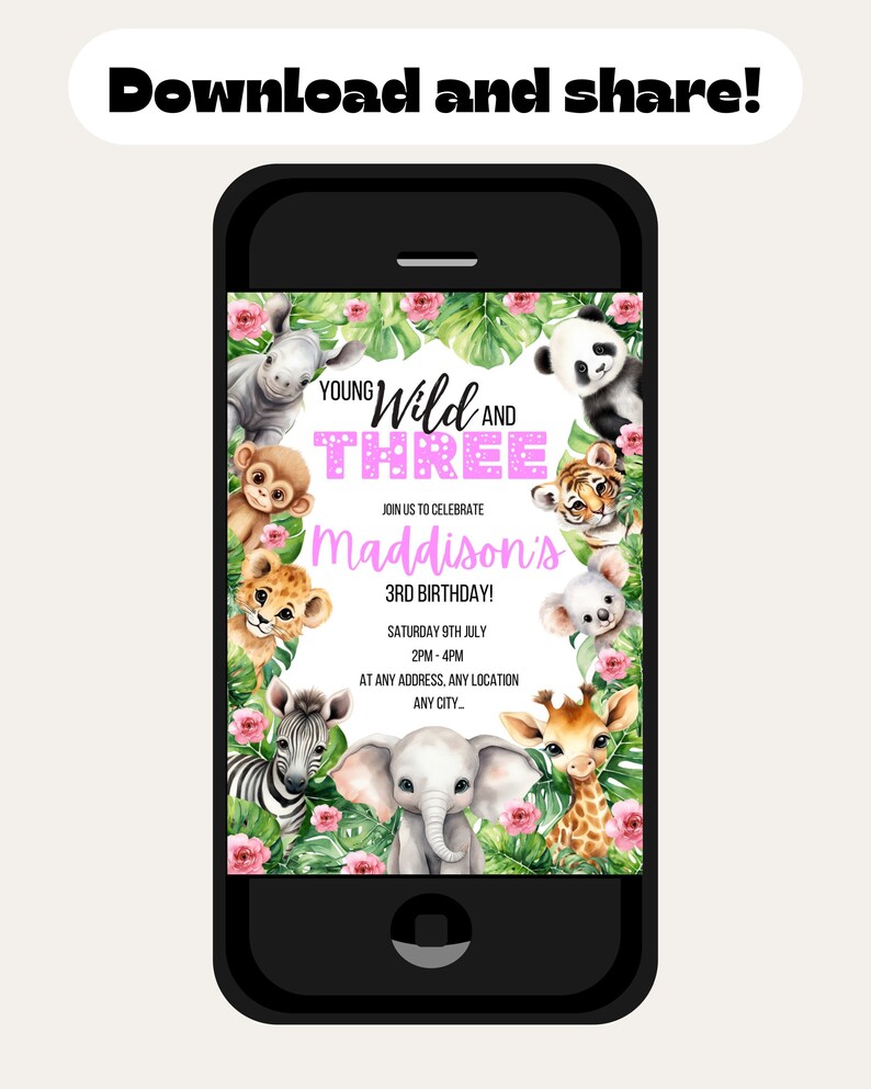 Printable Jungle Wild Three Birthday Party Invitation Template Girls Invite Animals Invite ...