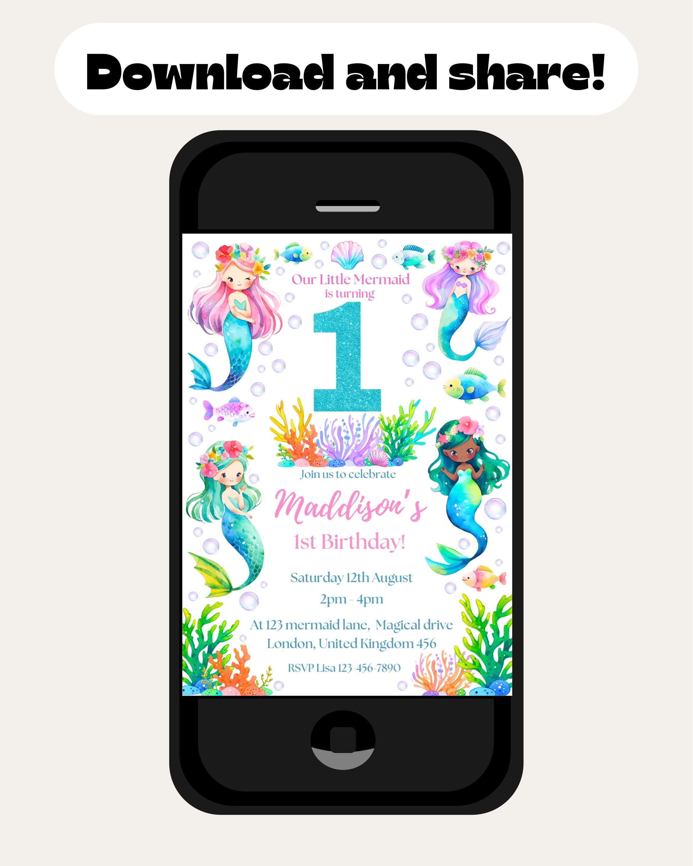 Printable Mermaid 1st Birthday Invitation Girls Tropical Under the Sea ...