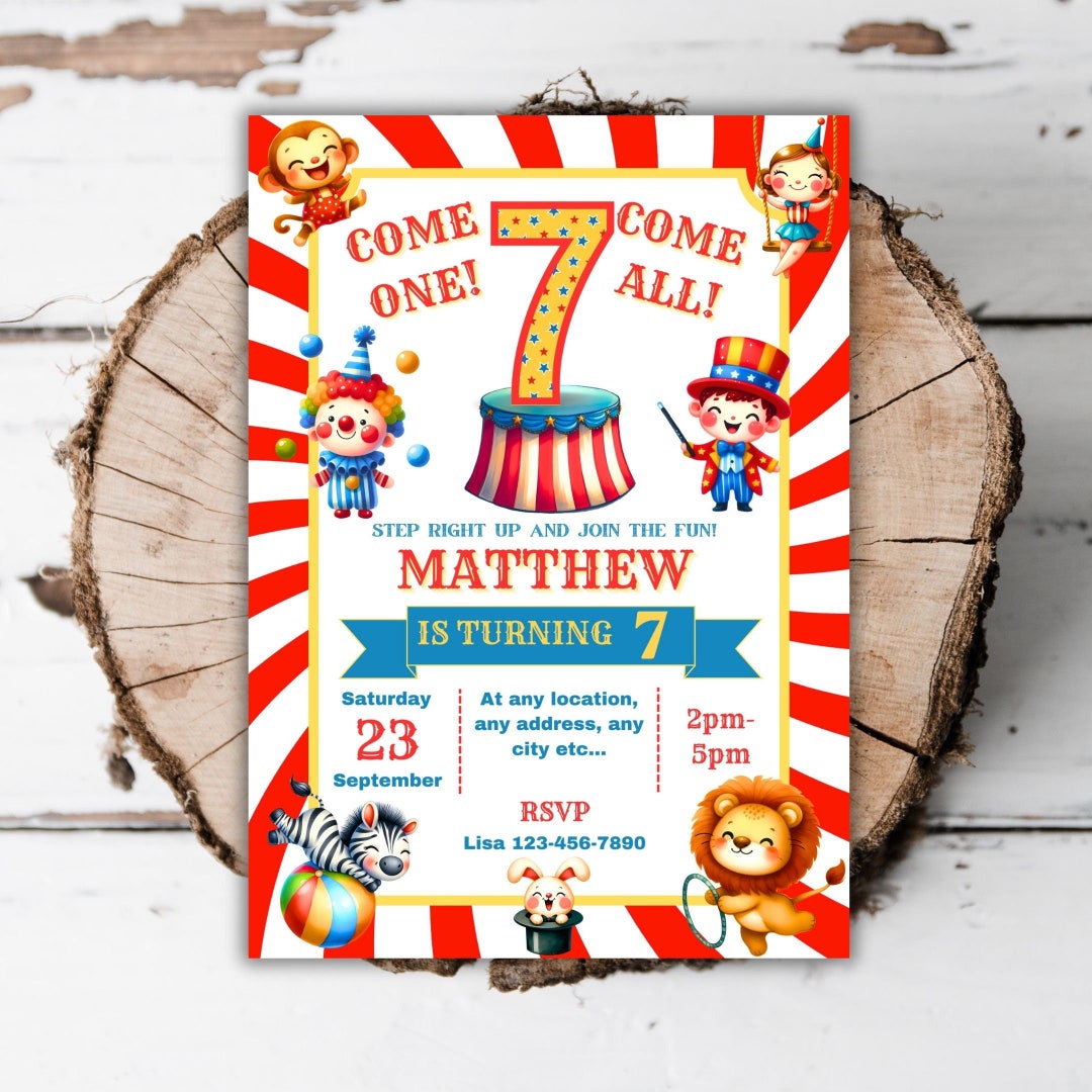 Printable Circus 7th Birthday Invitation Carnival Editable Greatest ...