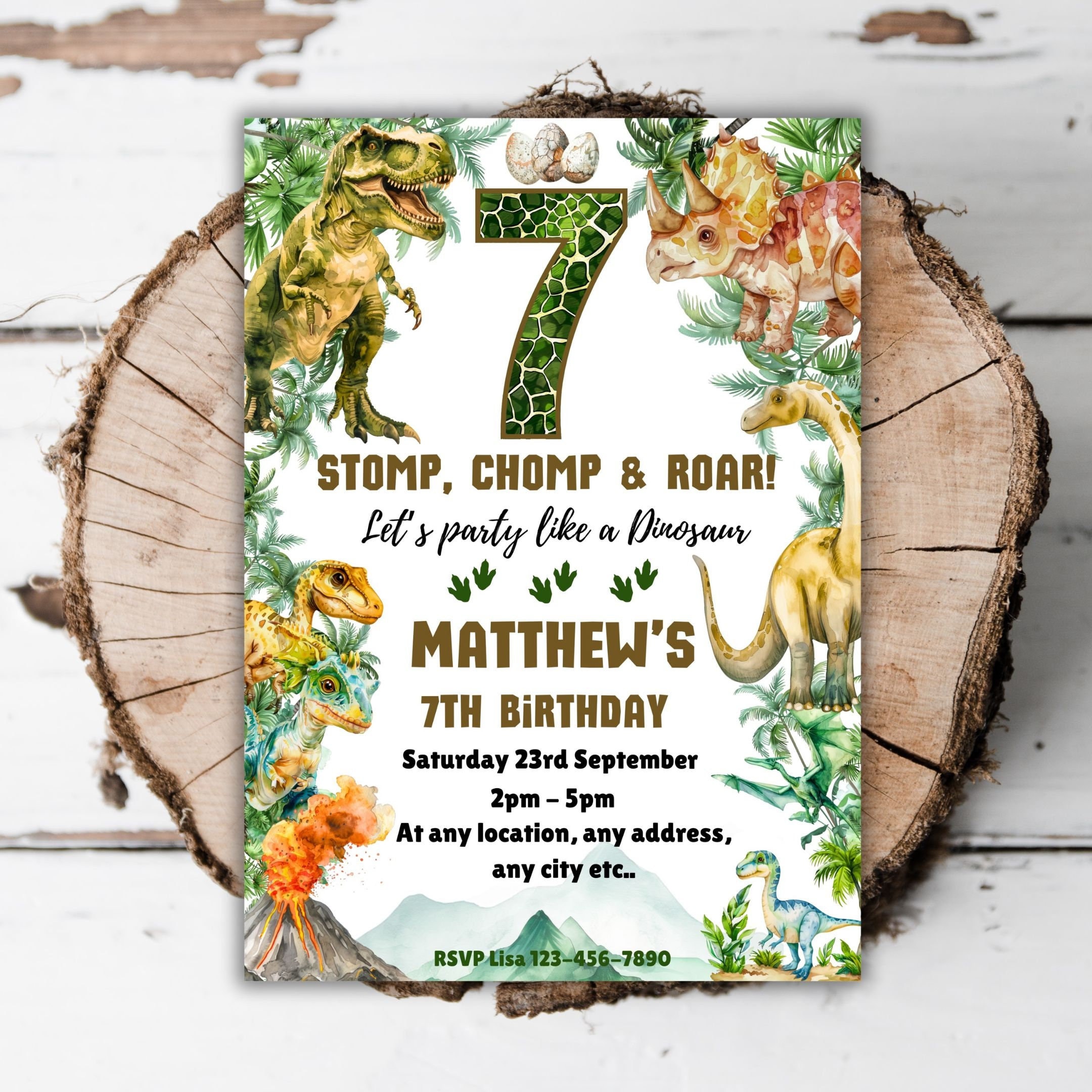 Printable Dinosaur Boys 7th Birthday Invitation Dino Editable Jurassic ...