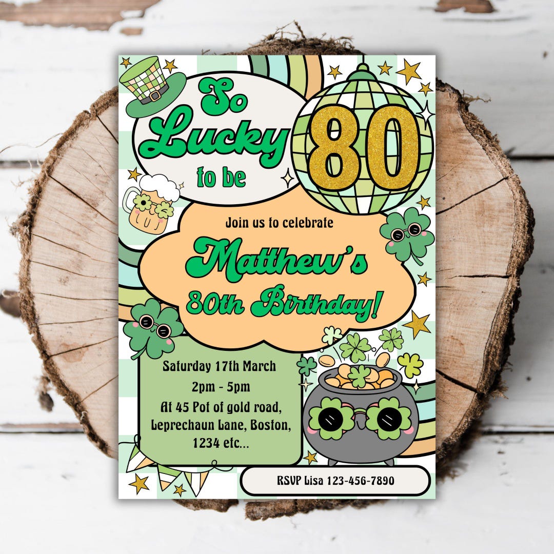Printable St Patrick’s 80th Birthday Party Invitation Retro Editable ...