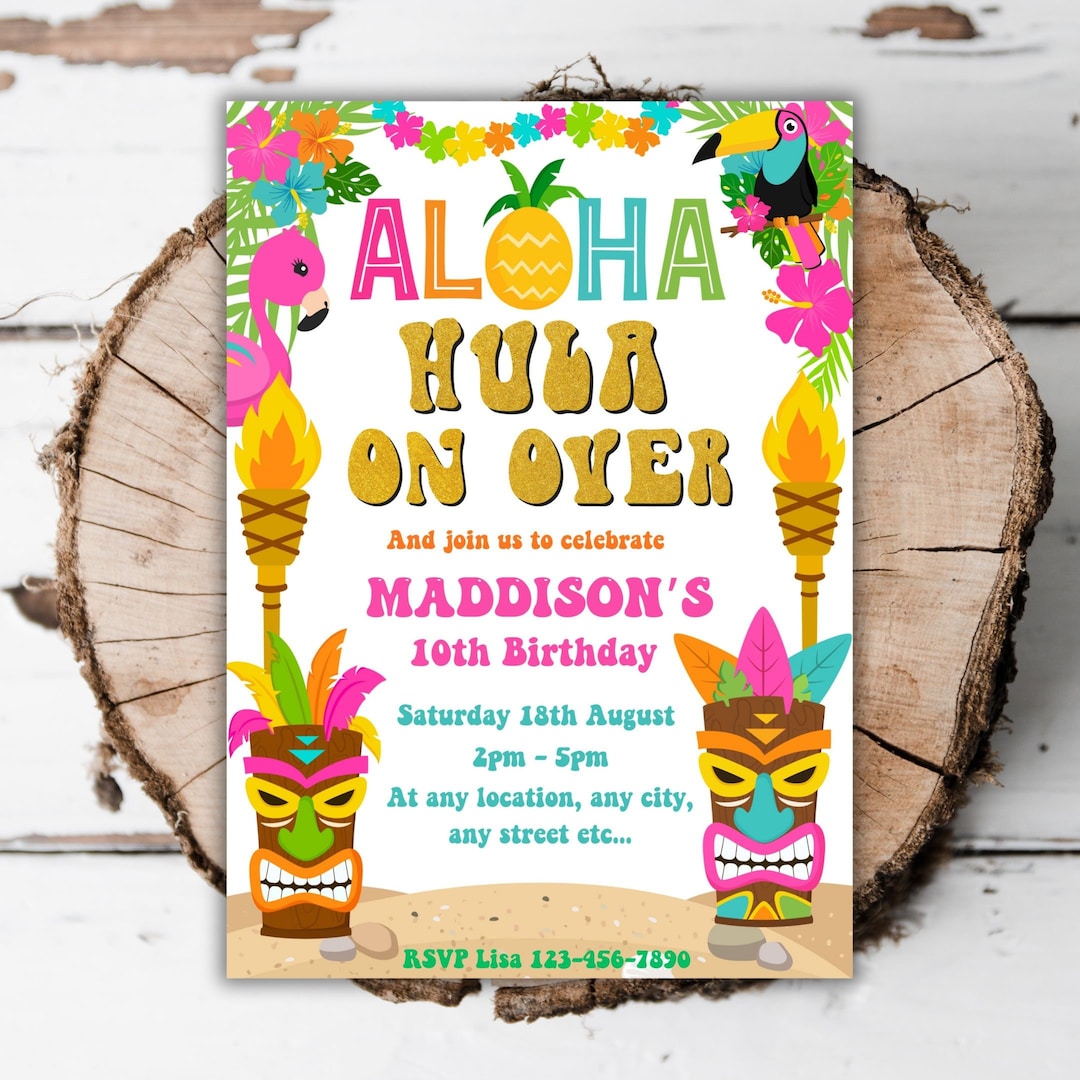 Printable Hawaiian Luau Girls Birthday Invitation Tropical Tiki Pool Party Editable Birthday ...