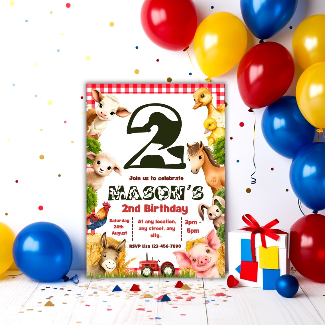 Printable Farm 2nd Boys Birthday Party Invitation Barnyard Animals ...