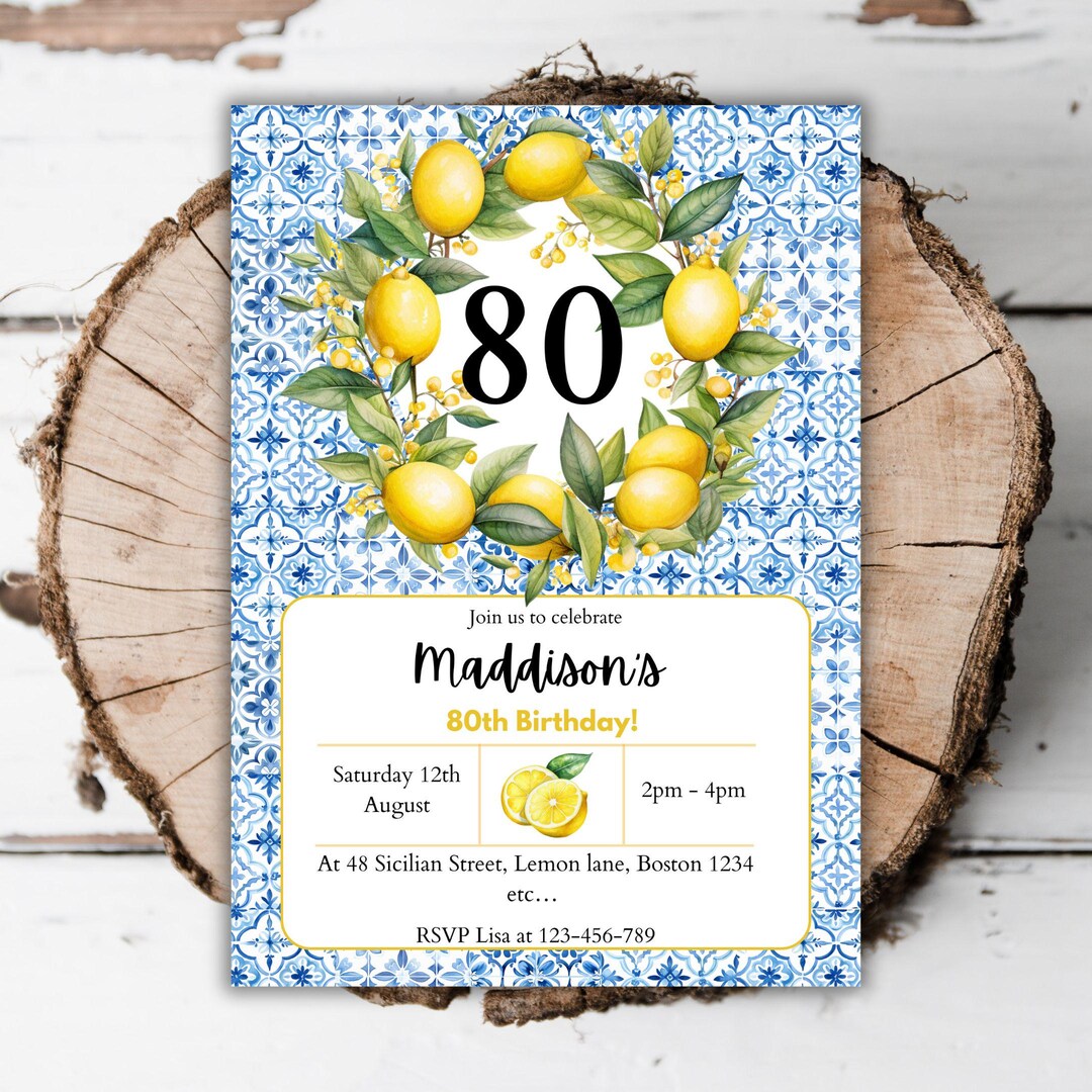 Printable Sicilian 80th Birthday Invitation Girls Lemon Italy Turning ...