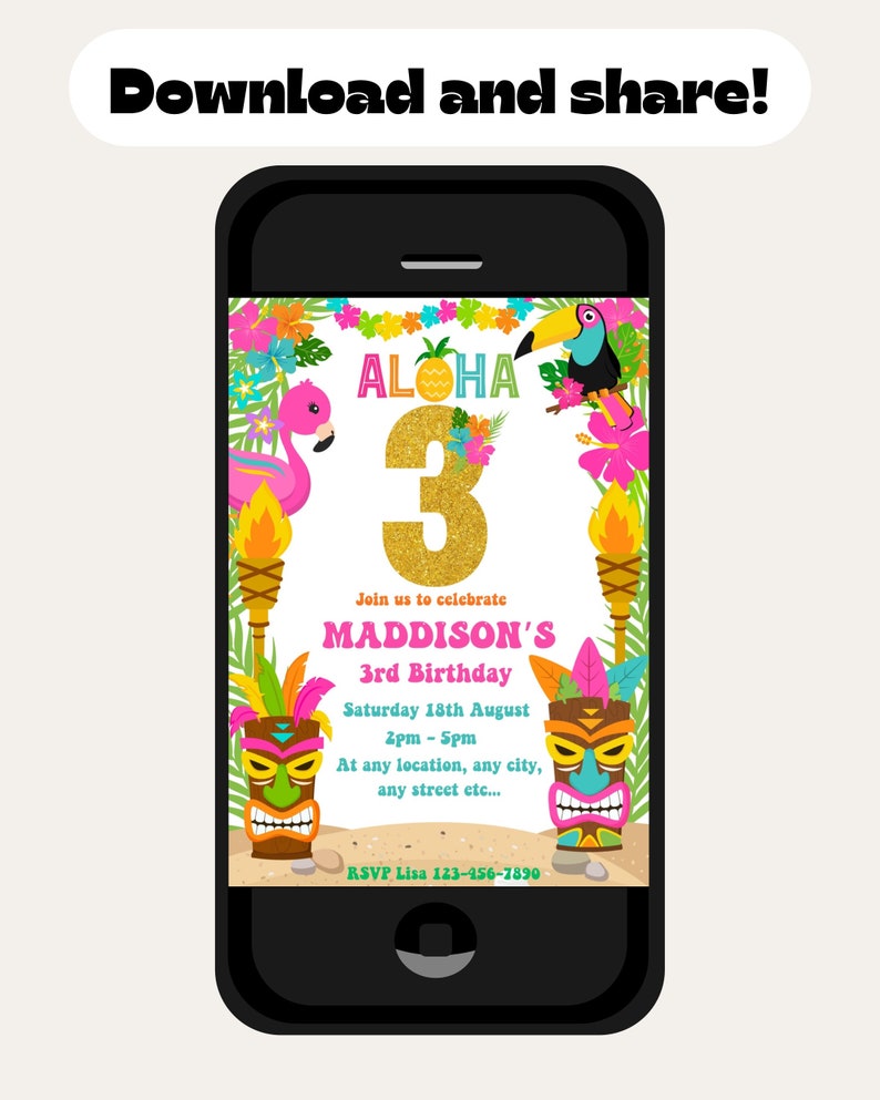 Printable Hawaiian Luau Girls 3rd Birthday Invitation Tropical Pool ...