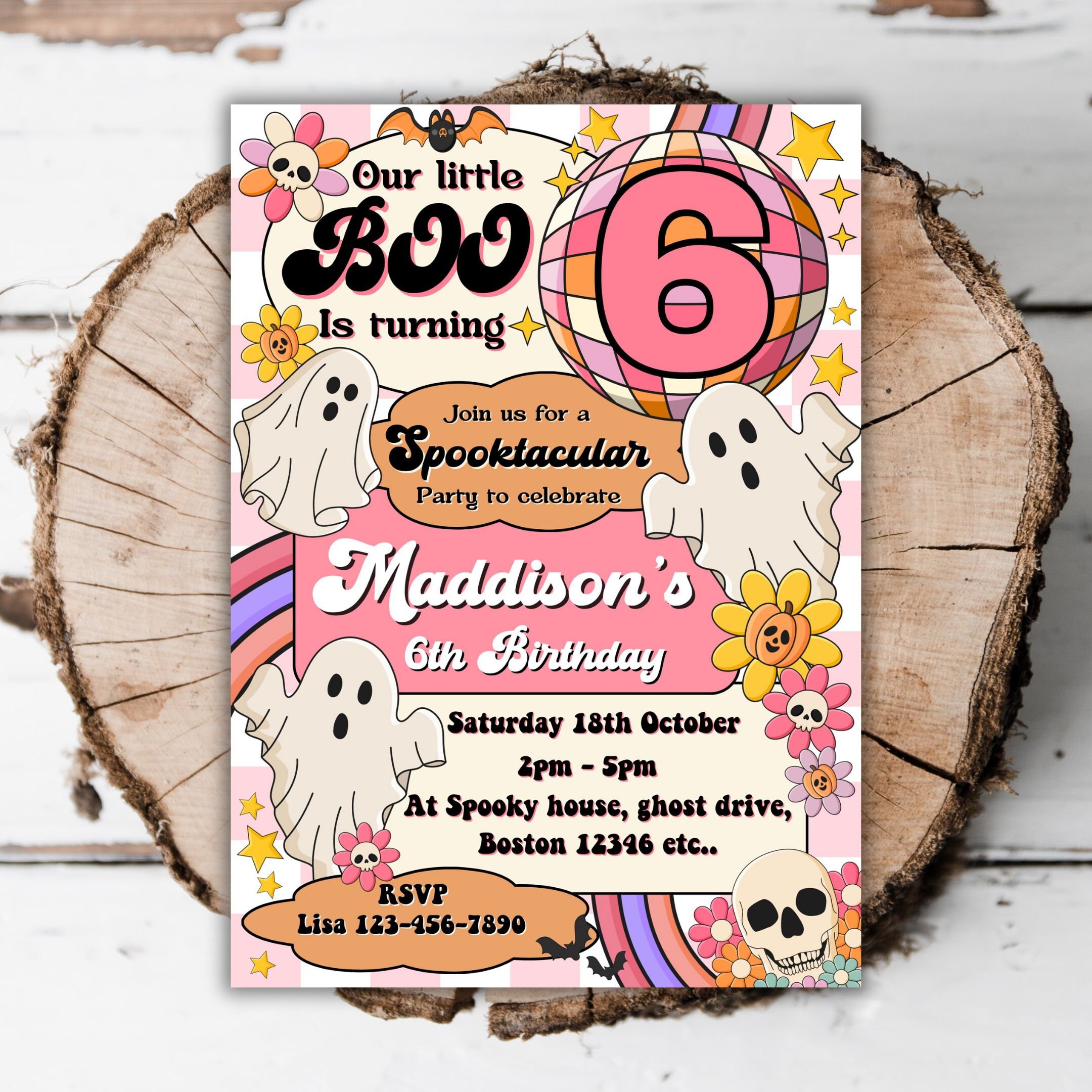 Printable Halloween 6th Birthday Invitation Girls Retro Spooky 6th ...