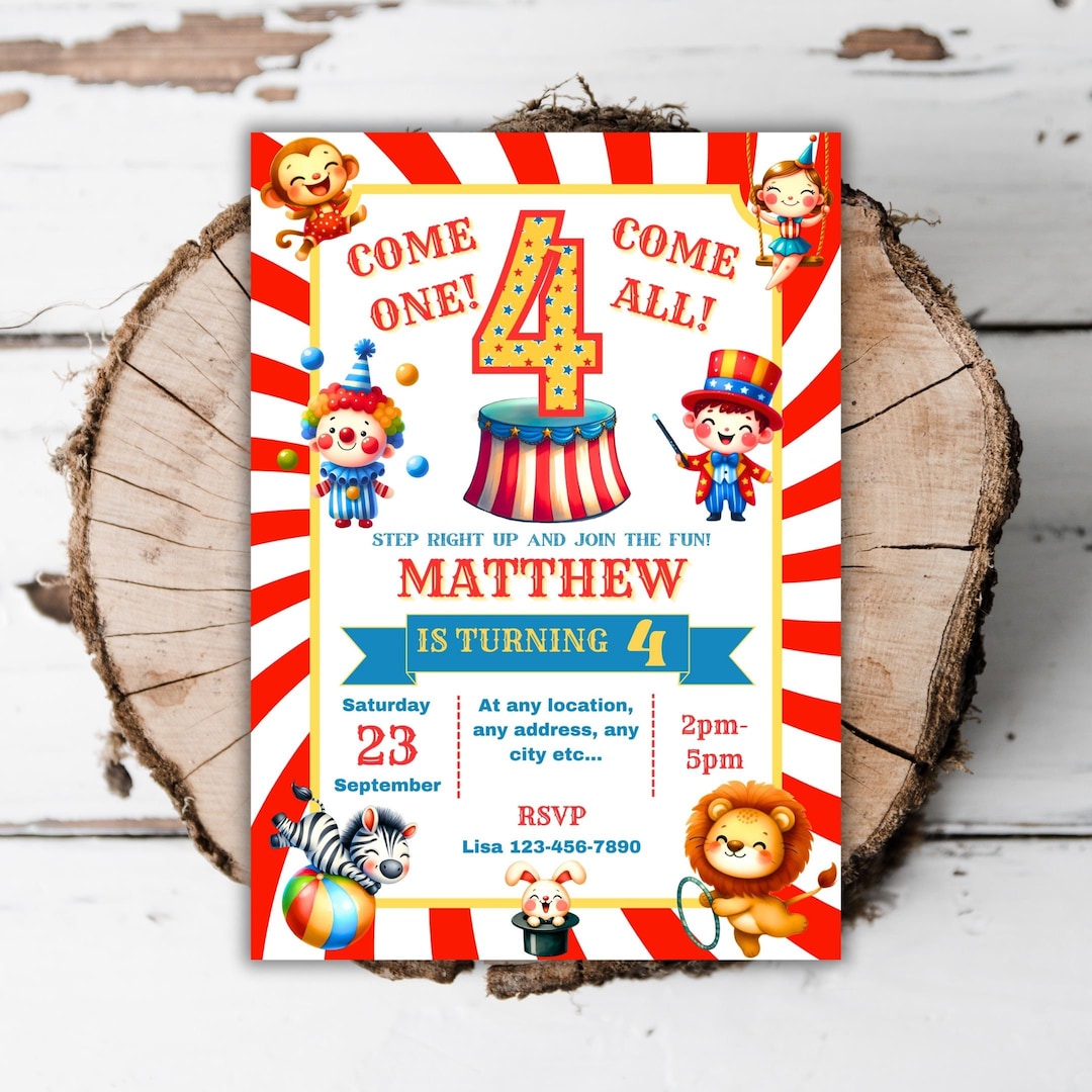 Printable Circus 4th Birthday Invitation Carnival Editable Greatest ...