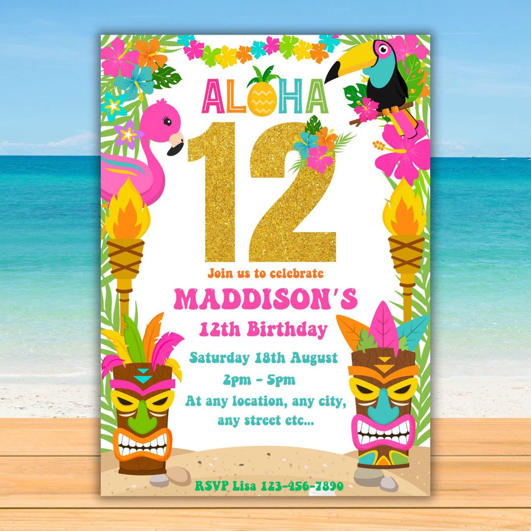 Printable Hawaiian Luau Girls 12th Birthday Invitation Tropical Pool ...