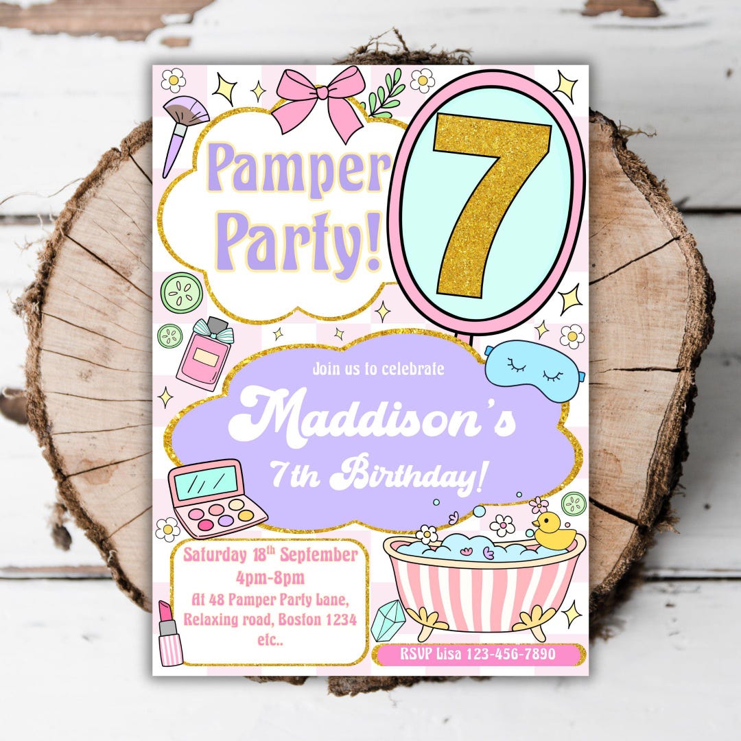 Printable Pamper Party 7th Birthday Party Invitation Sleepover Spa Day ...
